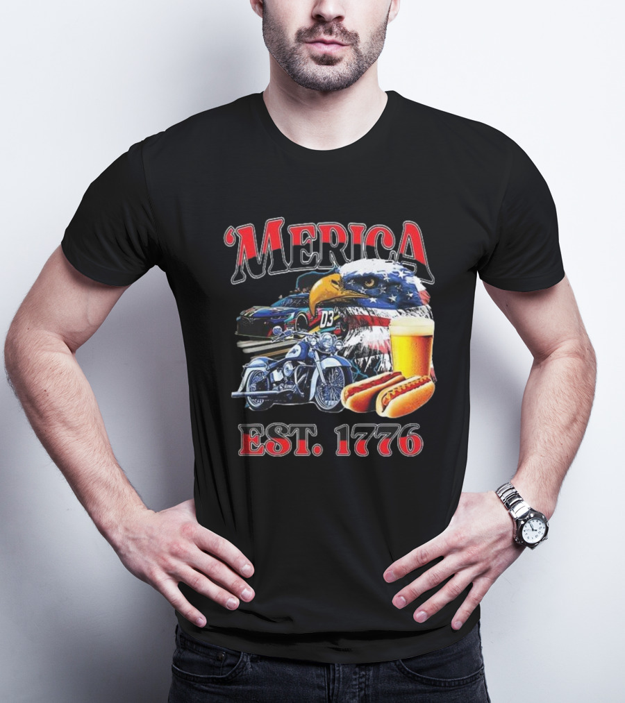 'Merica Bald Eagle Motorbike Beer Hotdogs Cars Est. 1776 T-Shirt