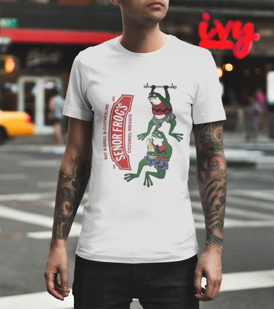 Senor Frog's Cozumel Mexico Bar And Grill Clothesline With Frogs In Striped Shirts And Shorts With Beer And Weights T-Shirt