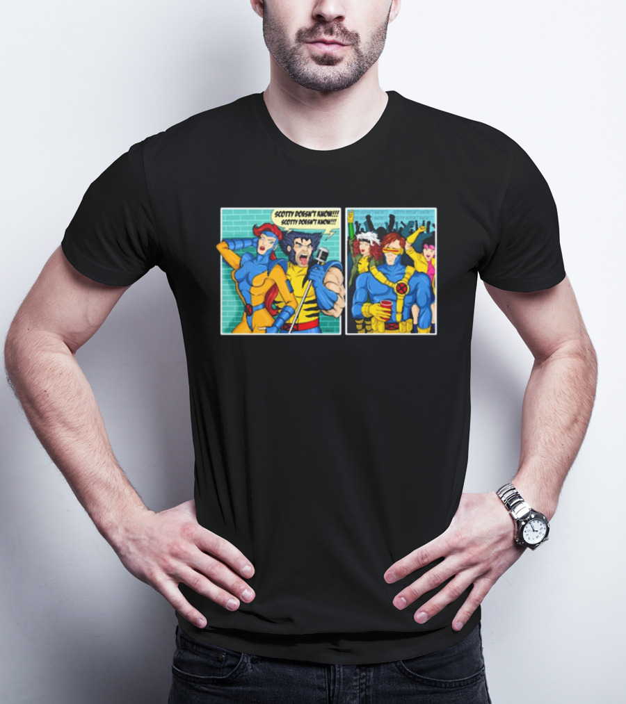 Jean Grey And Wolverine Comic Scotty Doesn’t Know Retro Cyclops Party Scene T-Shirt