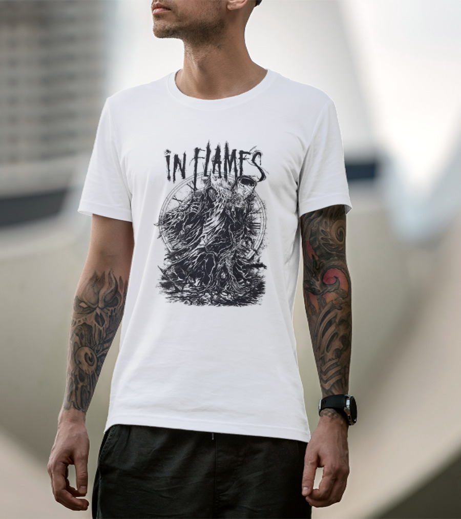 In Flames Cloaked Ghoul Dark Shrouded Figure With Clock Background T-Shirt