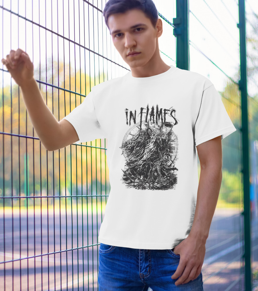 In Flames Cloaked Ghoul Dark Shrouded Figure With Clock Background T-Shirt