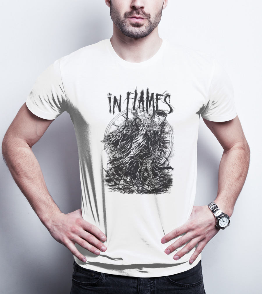 In Flames Cloaked Ghoul Dark Shrouded Figure With Clock Background T-Shirt