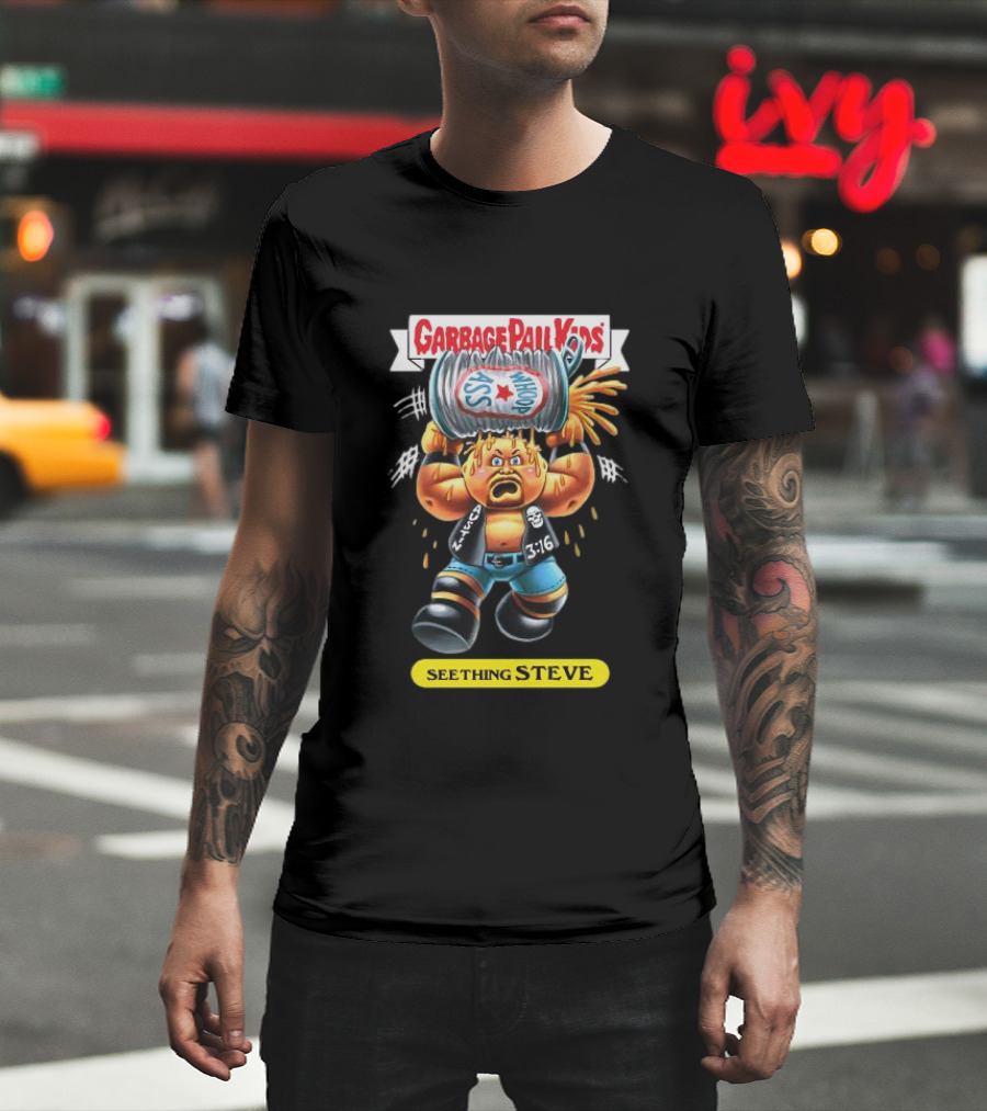 Garbage Pail Kids Seething Steve 3:16 Parody Character With Exploding Trash Can T-Shirt