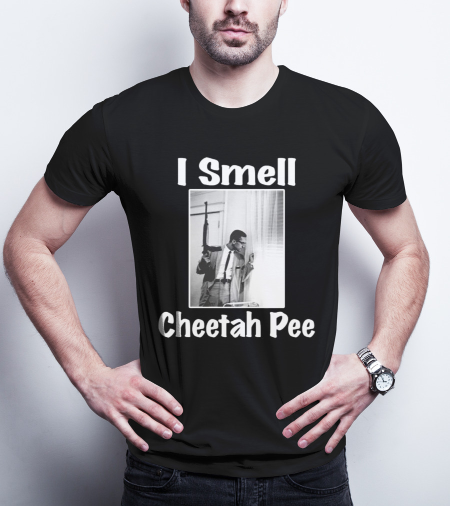 I Smell Cheetah Pee Man Holding Gun By Window T-Shirt