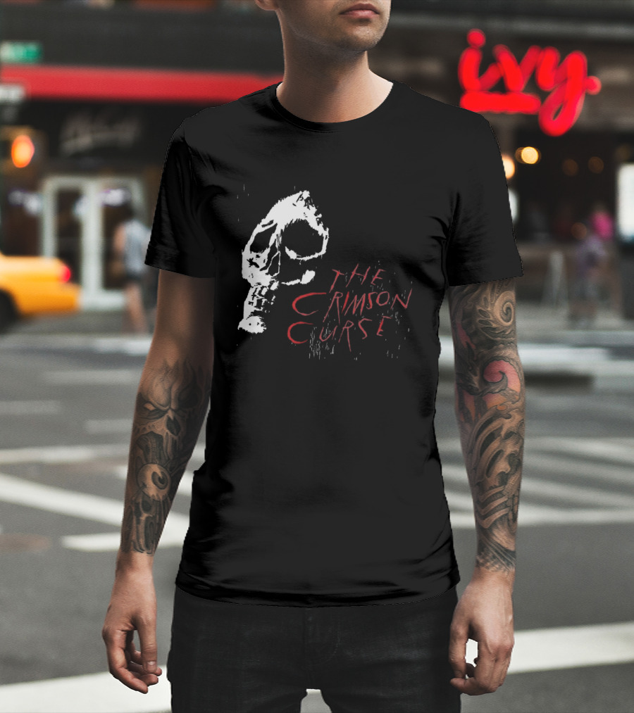 The Crimson Curse Skull White And Red Text With Skull T-Shirt