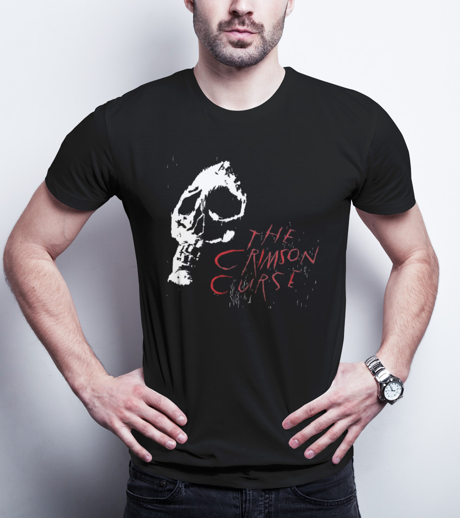 The Crimson Curse Skull White And Red Text With Skull T-Shirt