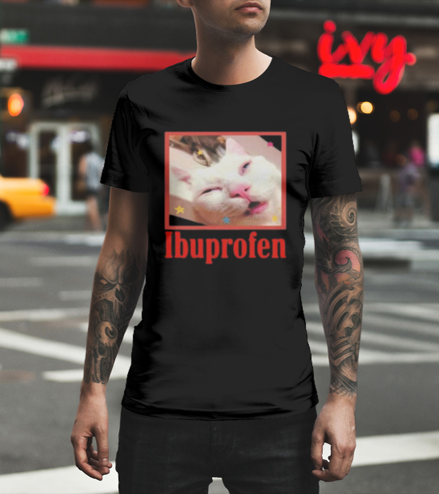 Ibuprofen Meme Cat With Distorted Face And Stars T-Shirt