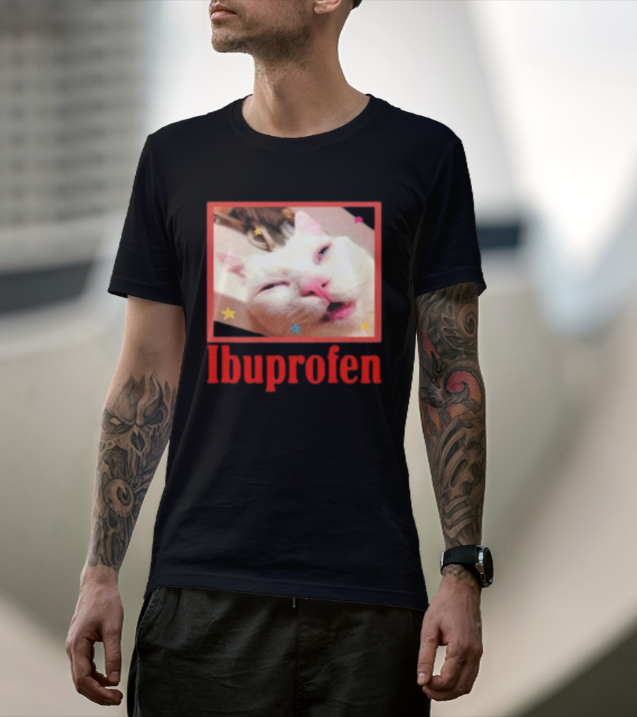 Ibuprofen Meme Cat With Distorted Face And Stars T-Shirt