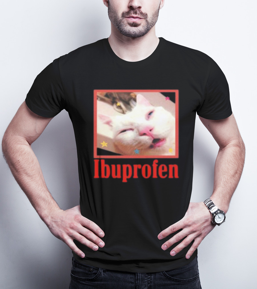 Ibuprofen Meme Cat With Distorted Face And Stars T-Shirt