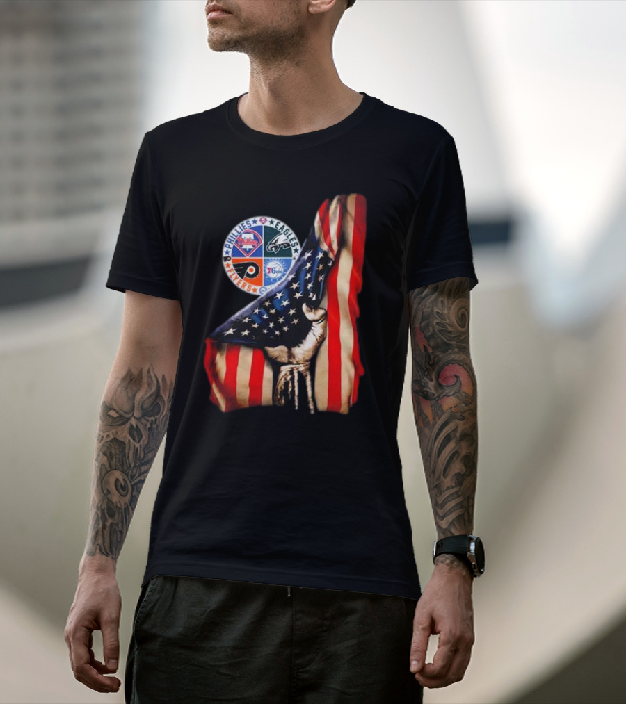 Philadelphia Phillies Eagles Flyers 76ers Hand Pulling American Flag T-Shirt