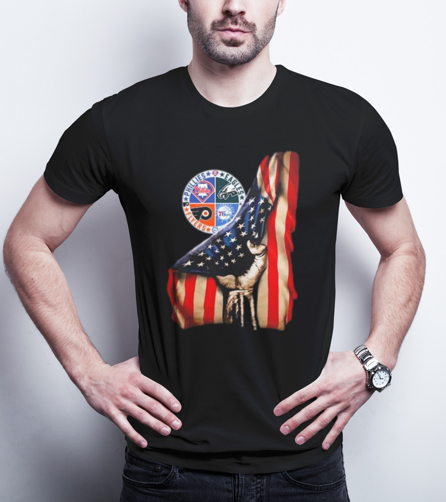 Philadelphia Phillies Eagles Flyers 76ers Hand Pulling American Flag T-Shirt