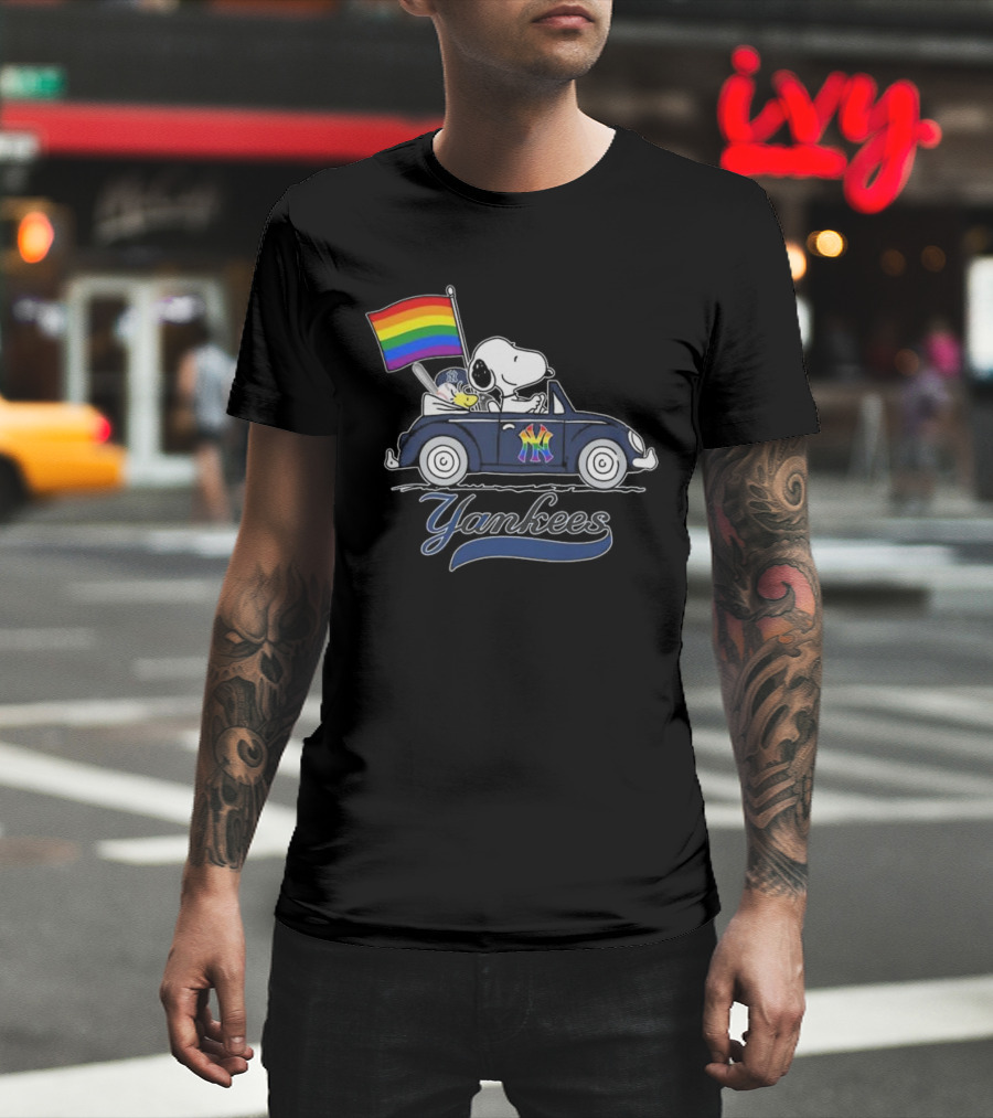 Snoopy And Woodstock Driving Car With Pride Flag New York Yankees T-Shirt