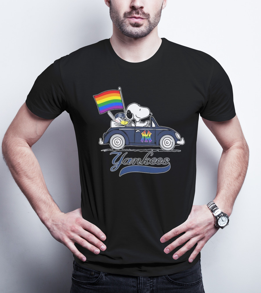 Snoopy And Woodstock Driving Car With Pride Flag New York Yankees T-Shirt