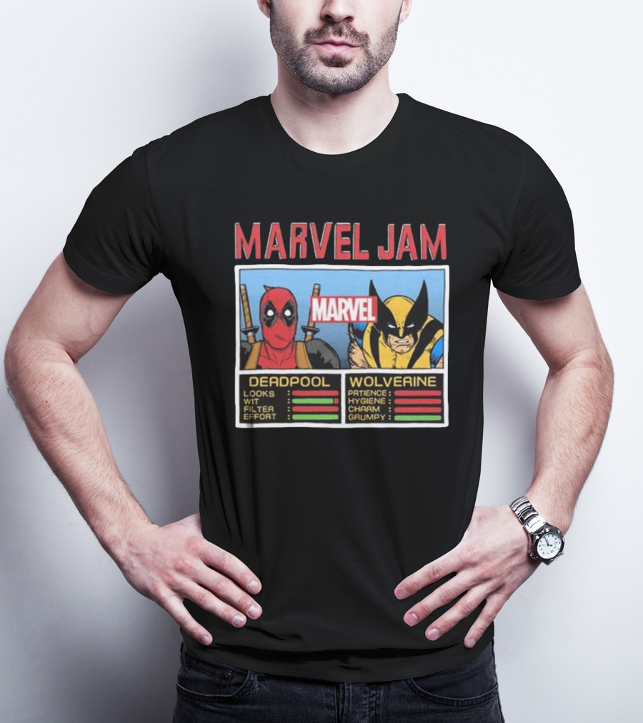 Deadpool Wolverine Marvel Jam Comic Character Stats T-Shirt