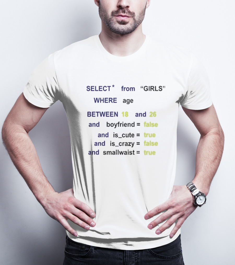 Funny SQL Query Select From GIRLS Where Age Between 18 And 26 Boyfriend False Is Cute True Is Crazy False Smallwaist True T-Shirt