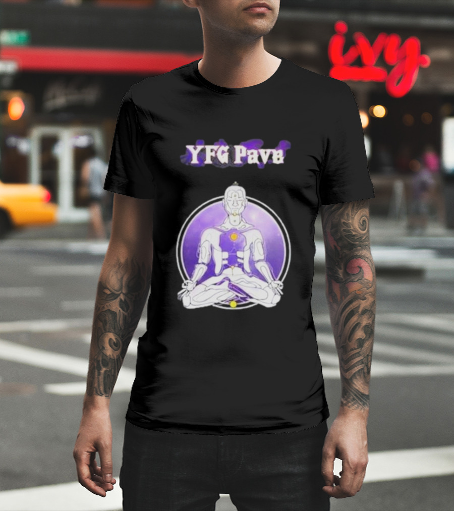 YFG Pave 444 Meditating Robotic Figure Purple Mandala T-Shirt