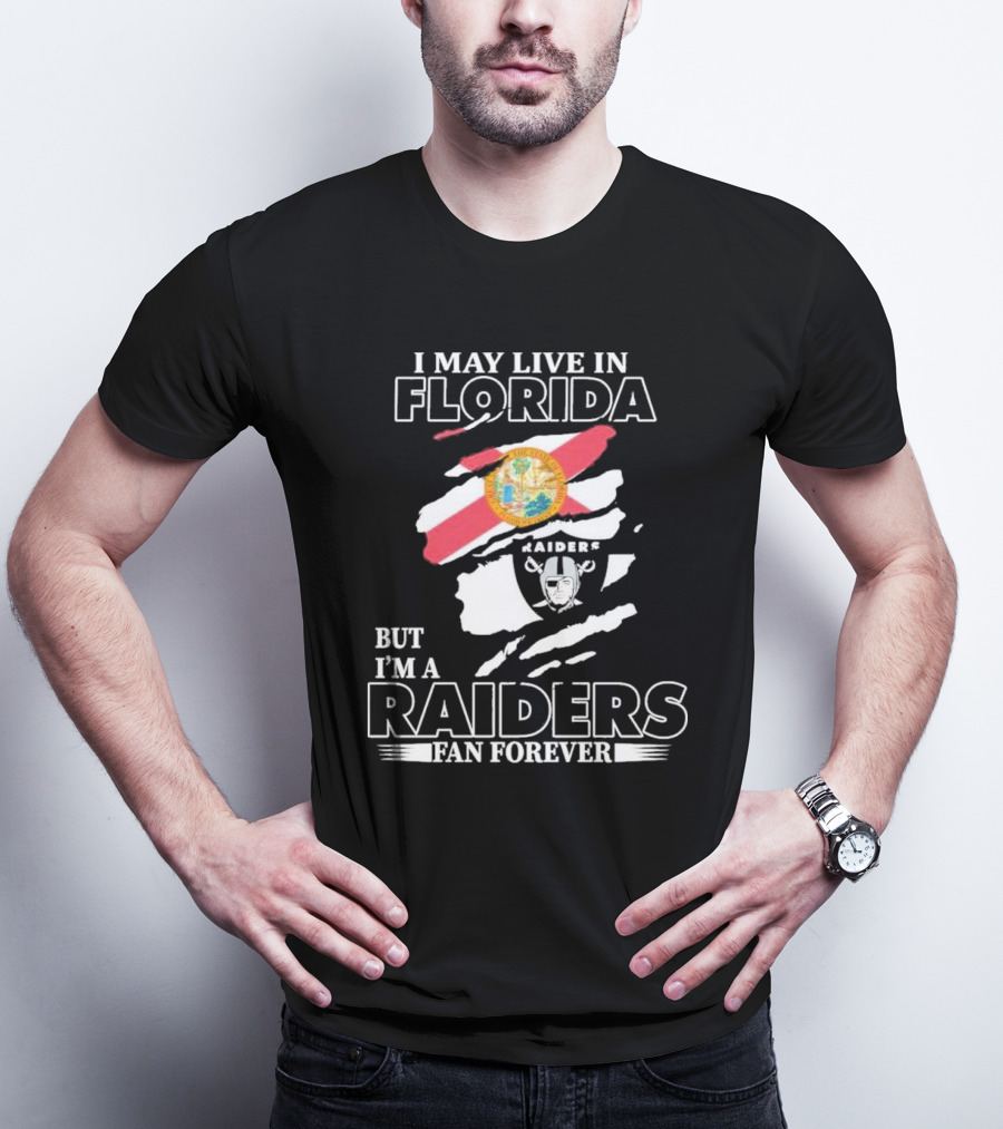 Las Vegas Raiders Fan Forever Living In Florida With Team Logo And State Flag T-Shirt