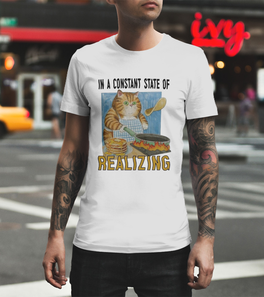 In A Constant State Of Realizing Cat Cooking Pancakes Flame Pan T-Shirt