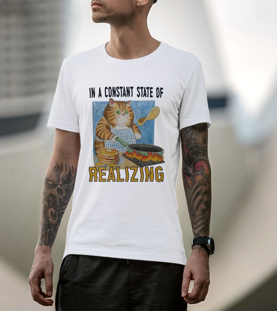 In A Constant State Of Realizing Cat Cooking Pancakes Flame Pan T-Shirt