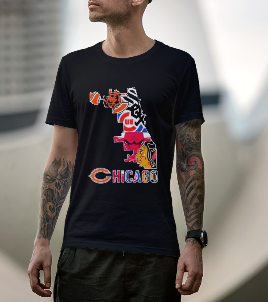 Chicago Bears Bulls Cubs White Sox Blackhawks Map T-Shirt