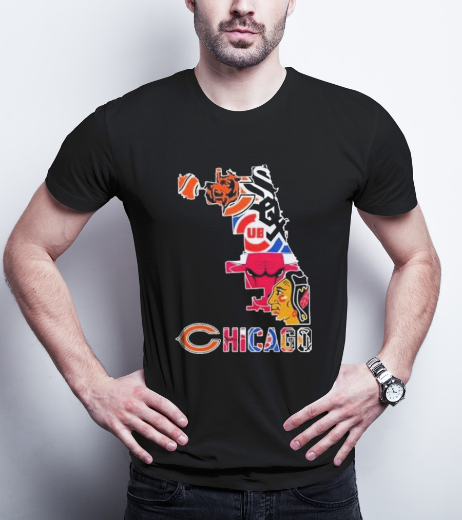 Chicago Bears Bulls Cubs White Sox Blackhawks Map T-Shirt