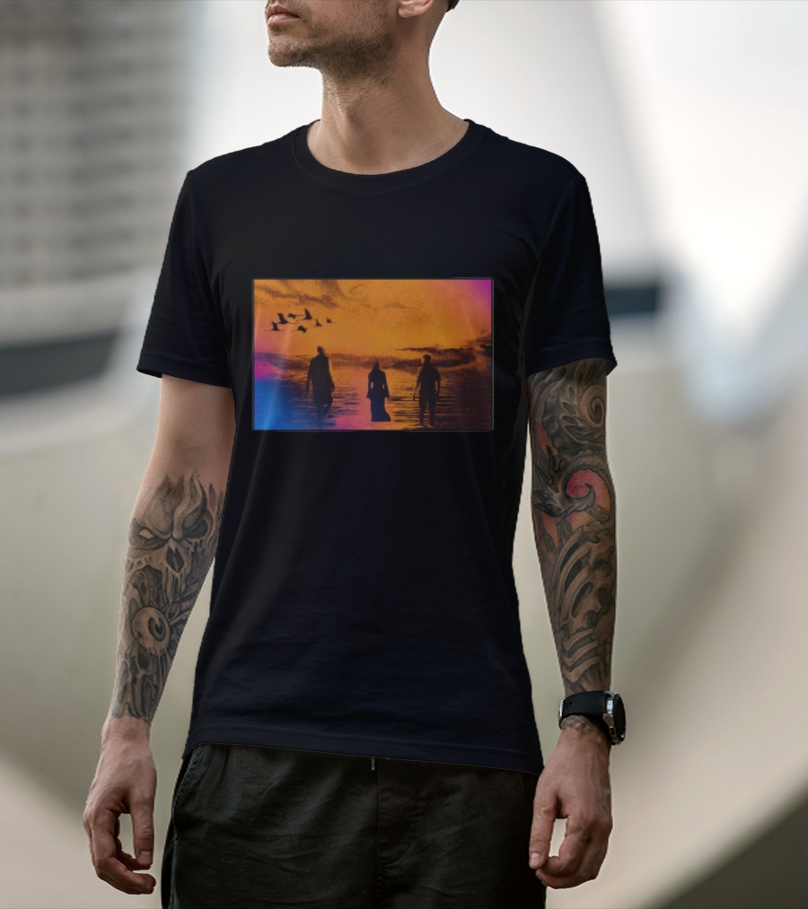Sun Came Up Sofi Tukker Silhouettes Walking At Sunrise With Birds On Colorful Horizon T-Shirt