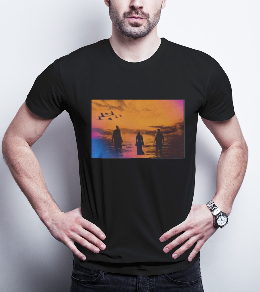 Sun Came Up Sofi Tukker Silhouettes Walking At Sunrise With Birds On Colorful Horizon T-Shirt