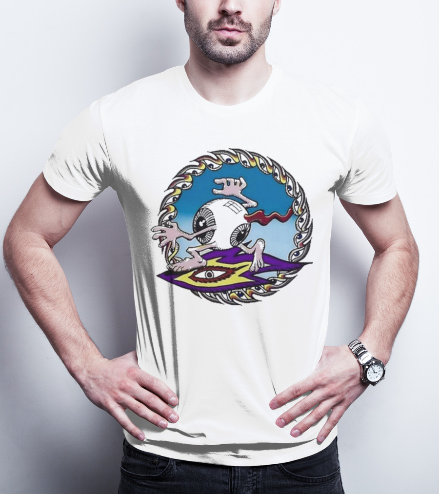 Spiral Eye Surfing Disc With Hands And Vibrant T-Shirt