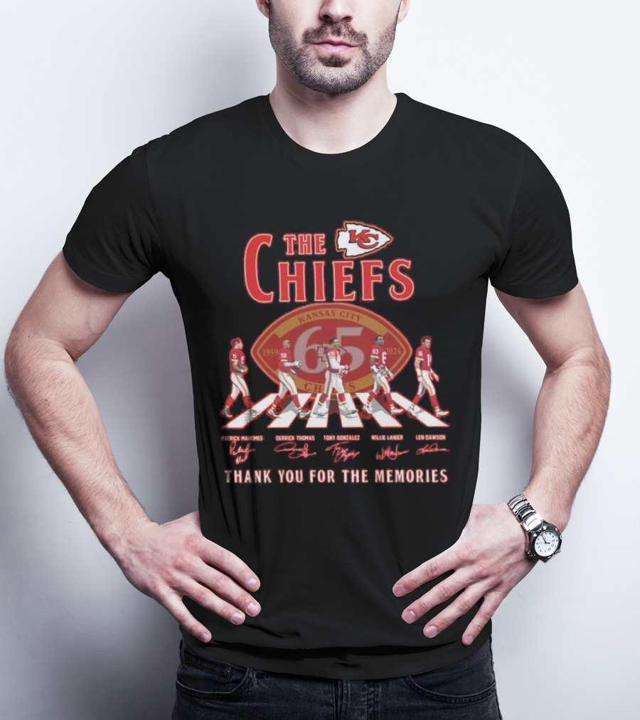 The Kansas City Chiefs 65 Years Thank You For The Memories Patrick Mahomes Derrick Thomas Tony Gonzalez Willie Lanier Len Dawson Abbey Road Signatures T-Shirt