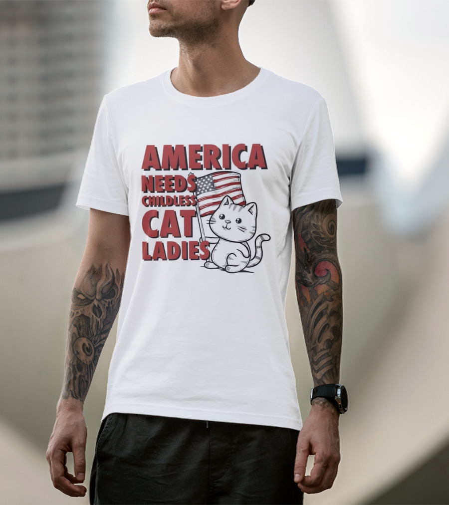 America Needs Childless Cat Ladies Cat With American Flag T-Shirt