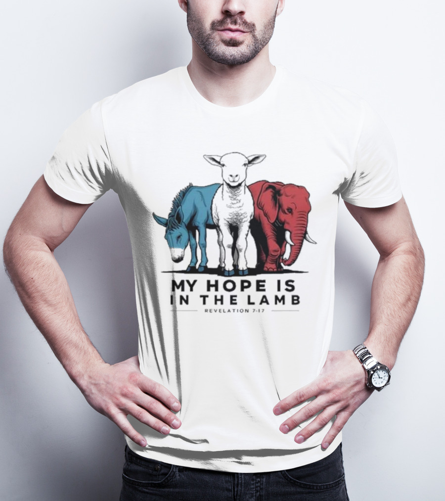 My Hope Is In The Lamb Revelation 7:17 With Blue Donkey Black Lamb Red Elephant T-Shirt