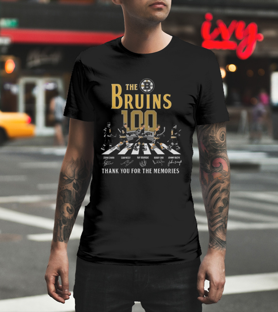 The Bruins 100 1924 Thank You For The Memories Zdeno Chara Cam Neely Ray Bourque Bobby Orr Johnny Bucyk Signatures T-Shirt
