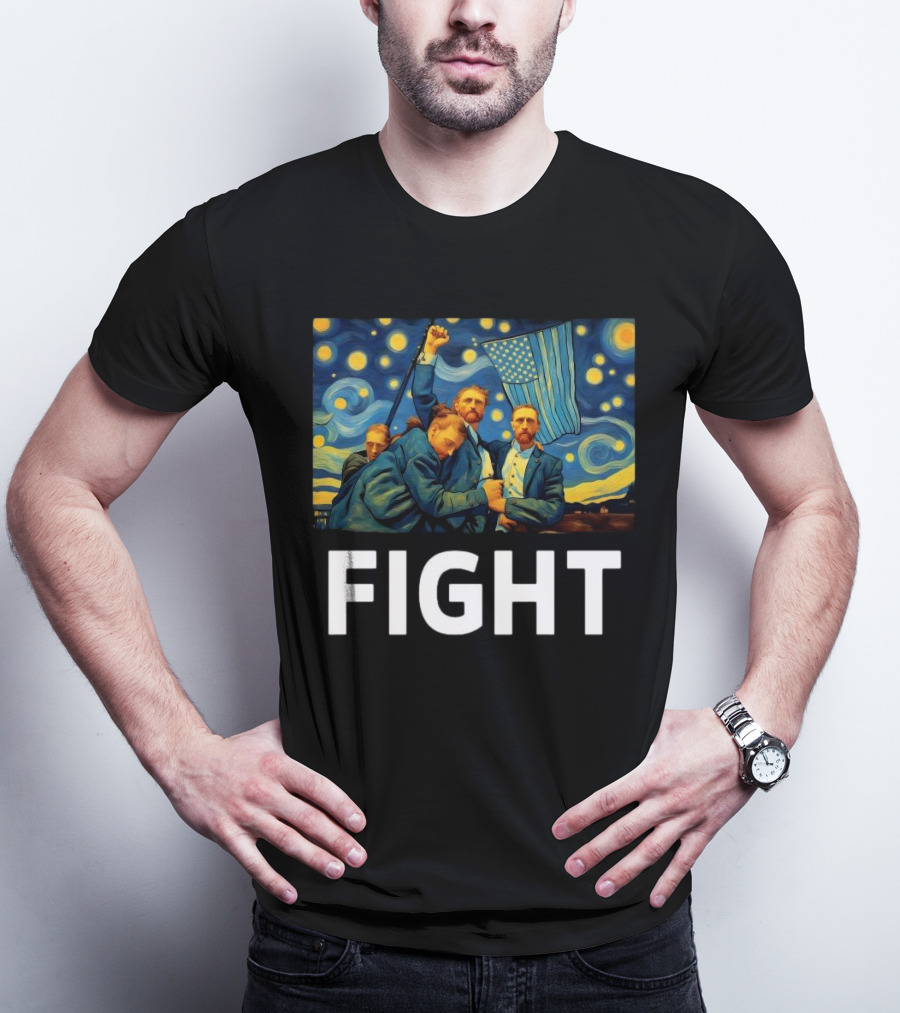 Fight Van Gogh Starry Night American Flag Fist Raised T-Shirt