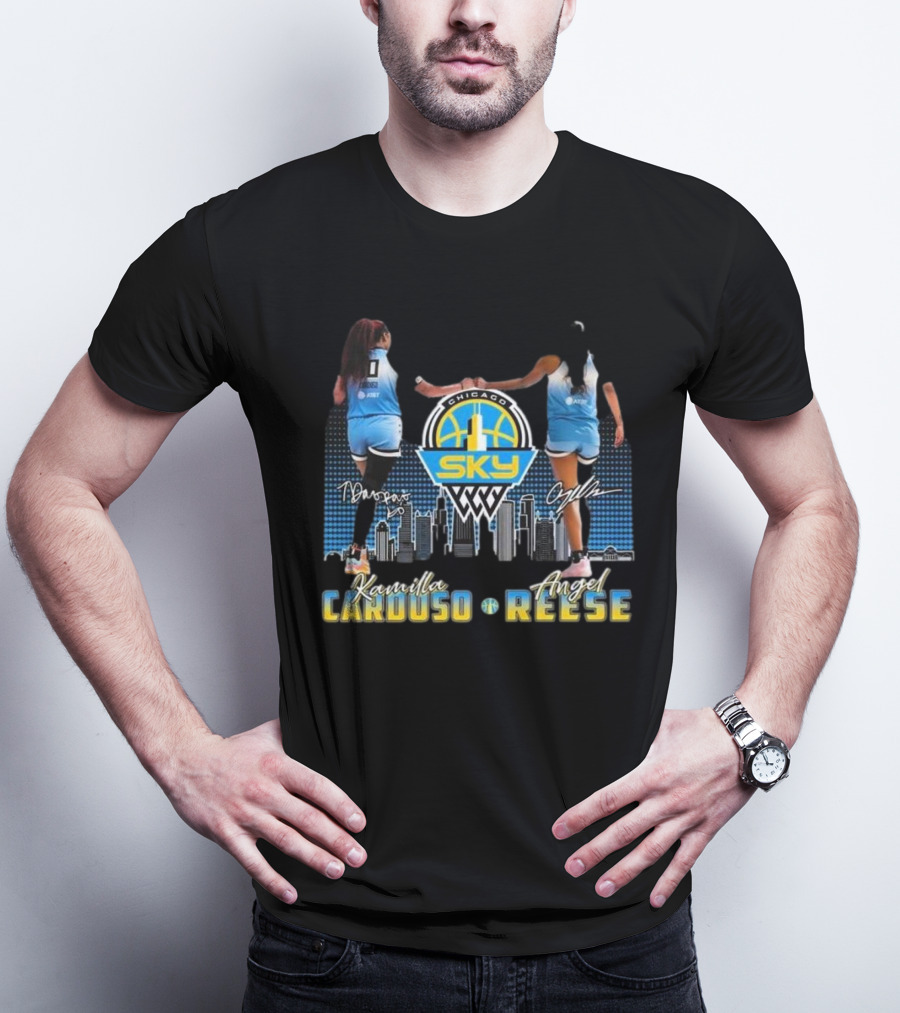 Chicago Sky WNBA Kamilla Cardoso Angel Reese Skyline Signatures T-Shirt