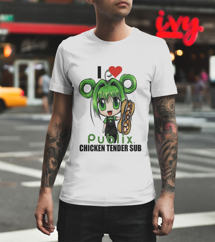 I Love Publix Chicken Tender Sub Anime Character With Green Hair And Big Sandwich T-Shirt