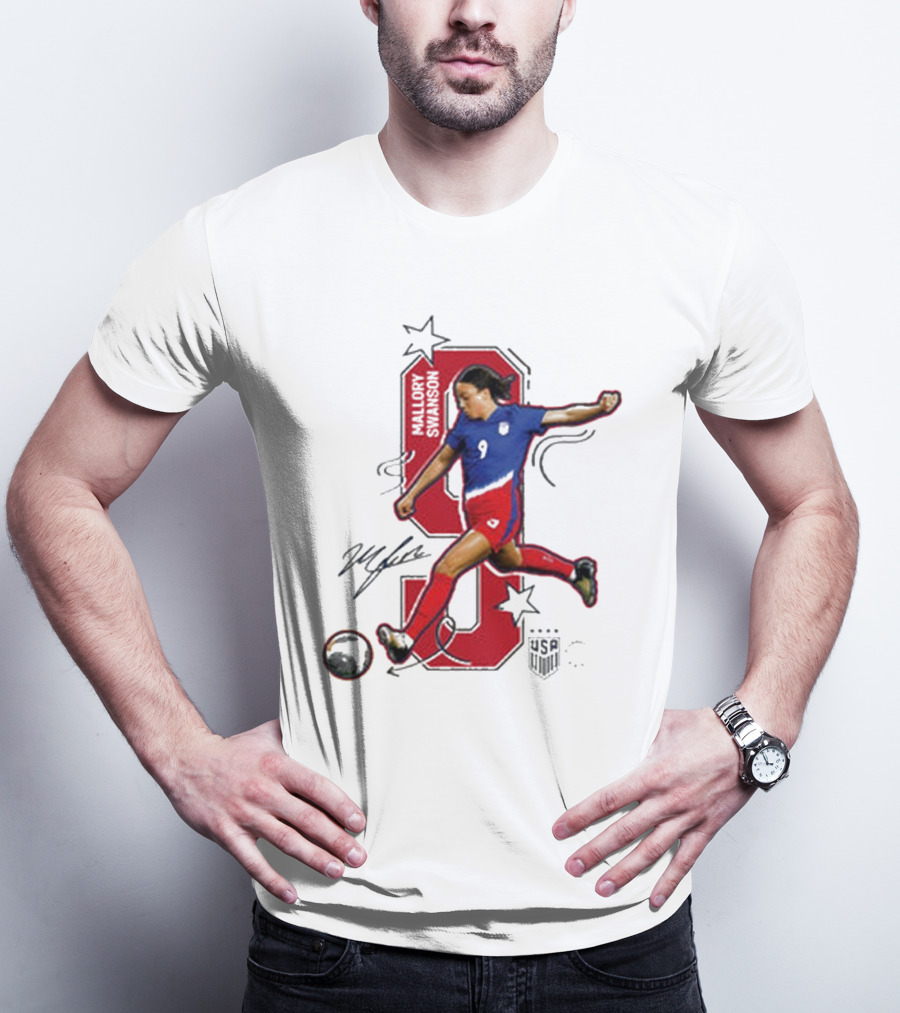 Mallory Swanson Number 9 USWNT Signature Red And Blue Player Action T-Shirt