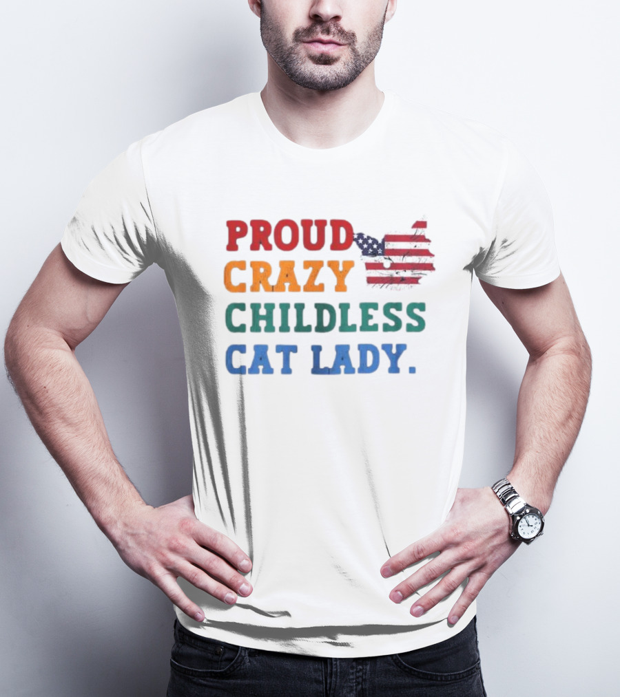 Proud Crazy Childless Cat Lady American Flag Cat T-Shirt