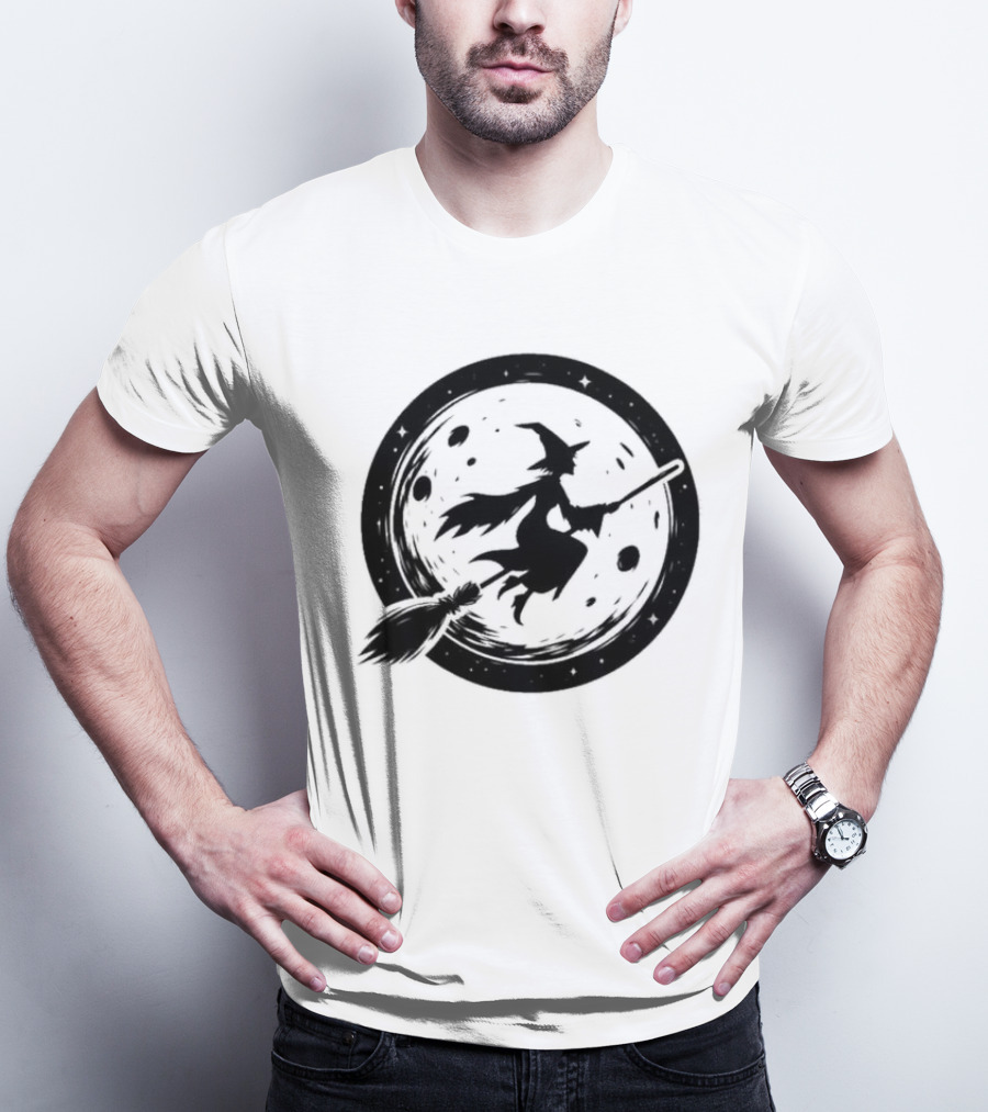 Spooky Halloween Witch Flying Across Full Moon Night T-Shirt