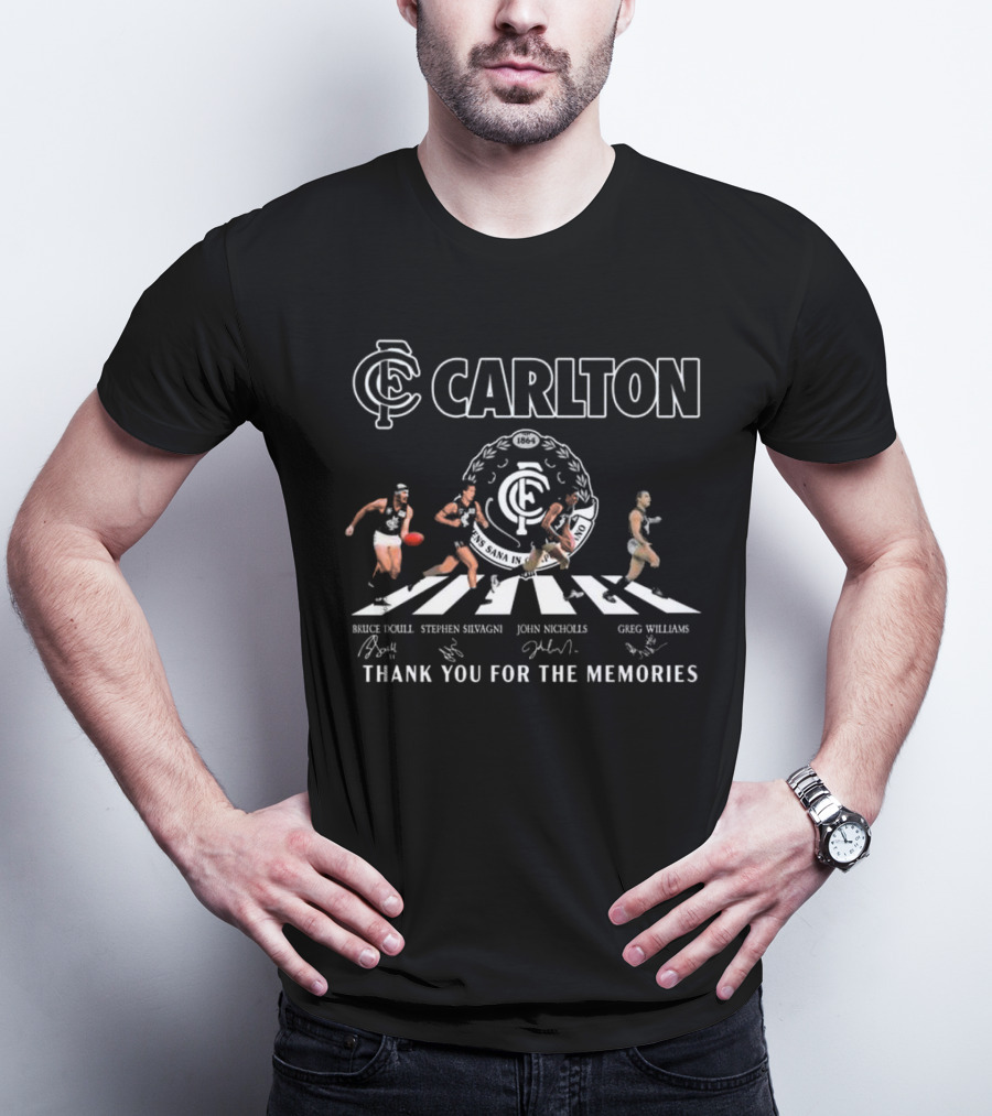 Carlton Blues AFL Thank You For The Memories Abbey Road Bruce Doull Stephen Silvagni John Nicholls Greg Williams Signatures T-Shirt