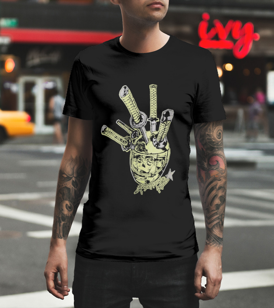 Oremob Katana Helmet Graphic With Star And Japanese Characters T-Shirt