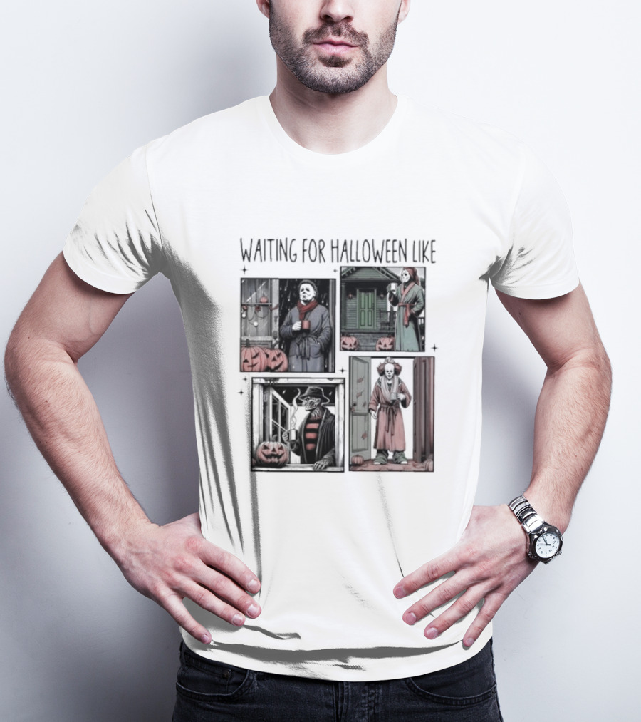 Waiting For Halloween Like Horror Movie Characters With Pumpkins And Costumes T-Shirt