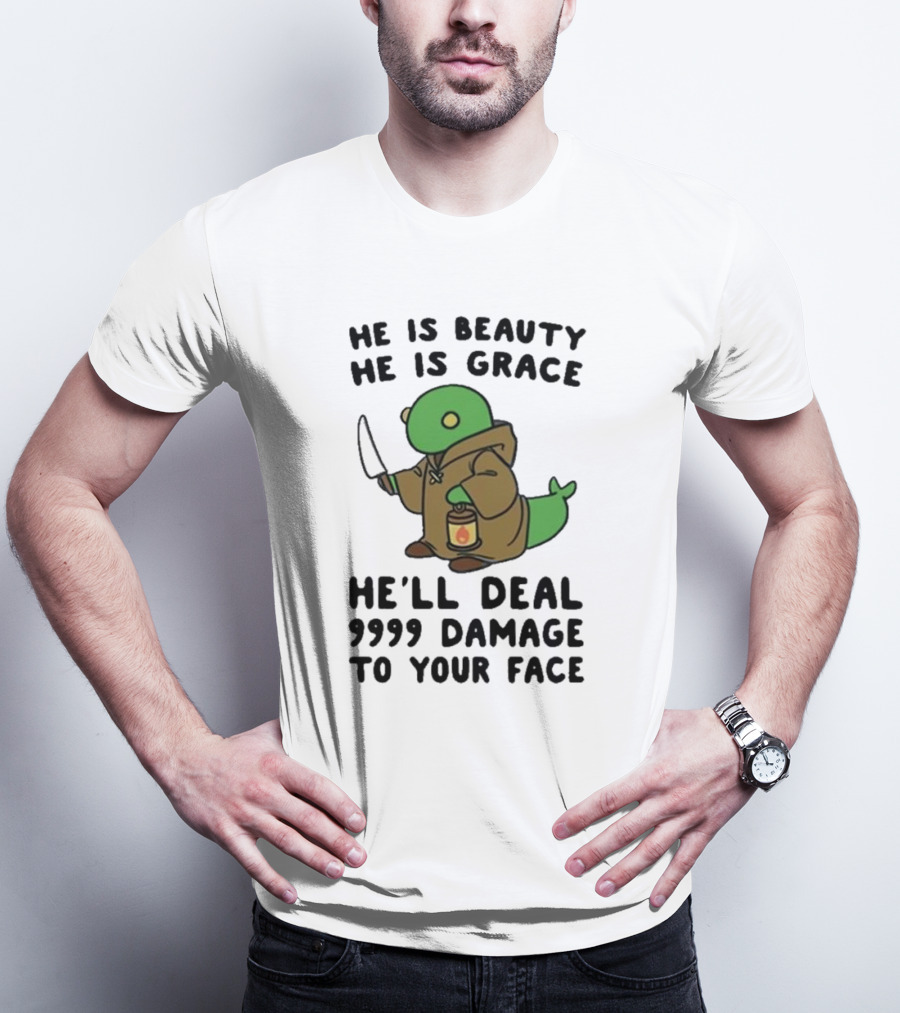 He Is Beauty He Is Grace He’ll Deal 9999 Damage To Your Face Lantern-Wielding Creature In Brown Robe With Knife T-Shirt