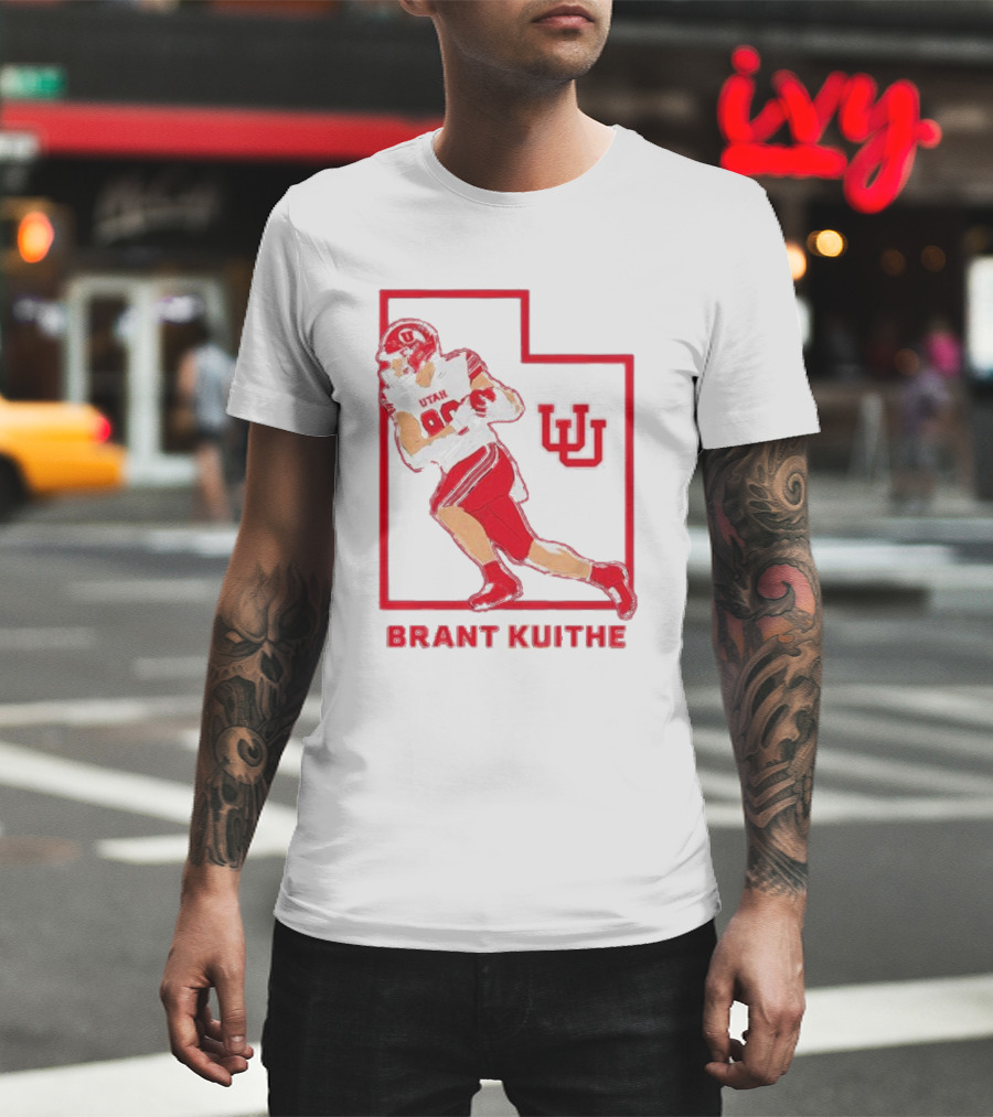 Utah Football Brant Kuithe 80 Red Uniform State Outline UU T-Shirt