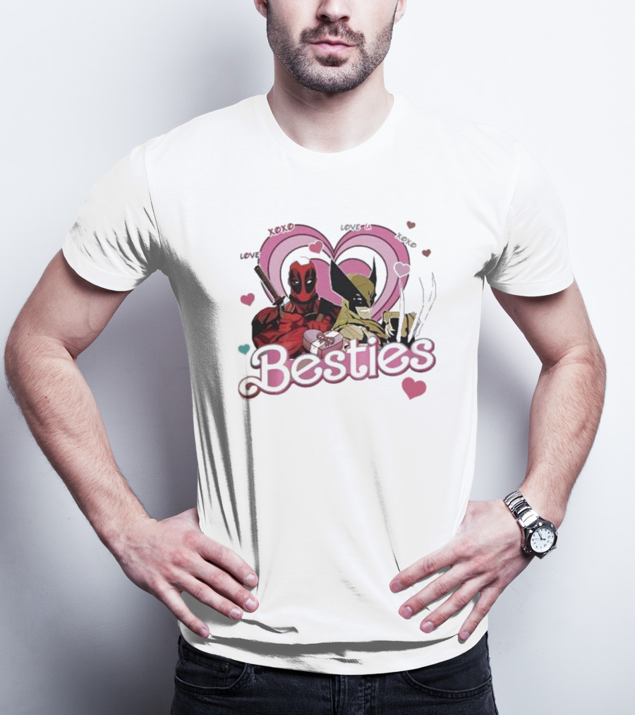 Deadpool Wolverine Love Hearts Besties Cute Friends T-Shirt