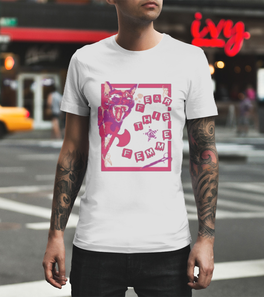 Fear This Femme Cat And Axe Retro Typography Pink Acid Wash T-Shirt