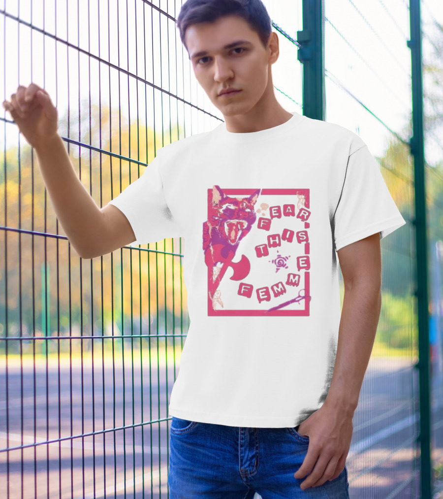 Fear This Femme Cat And Axe Retro Typography Pink Acid Wash T-Shirt