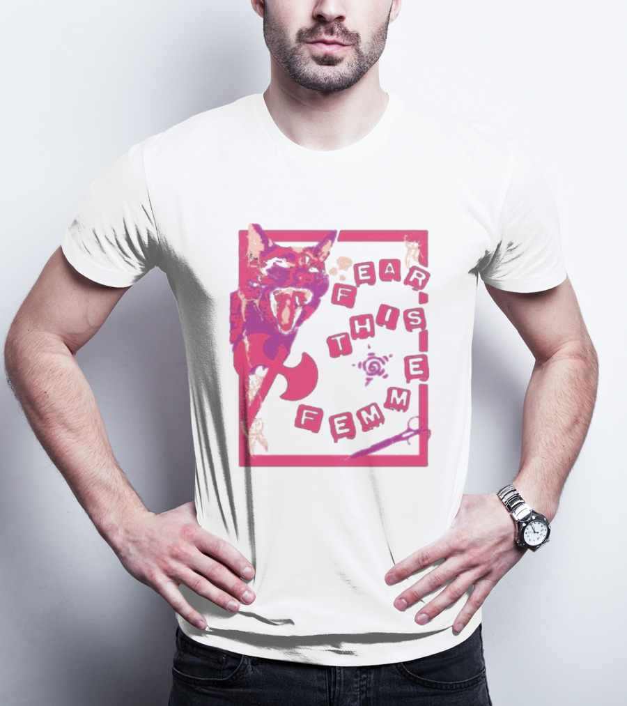 Fear This Femme Cat And Axe Retro Typography Pink Acid Wash T-Shirt