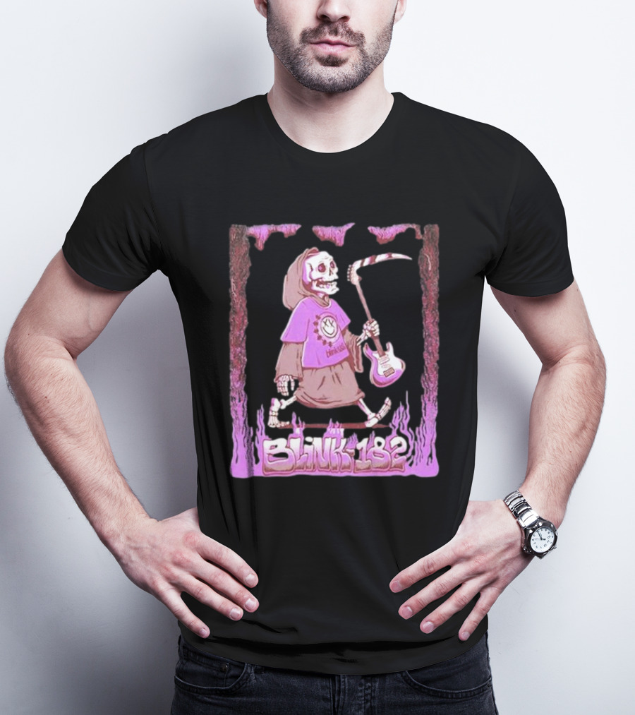 Blink-182 Grim Reaper Skeleton With Guitar Flame Border T-Shirt