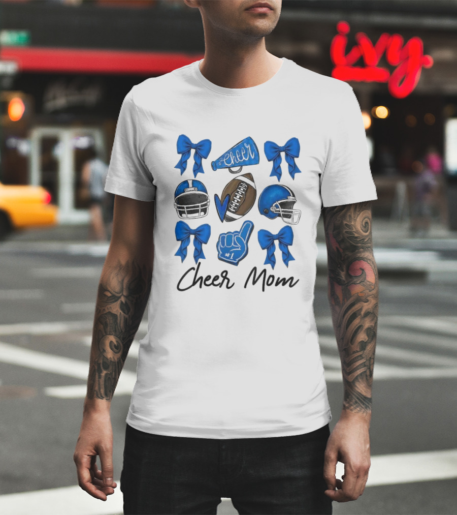 Cheer Mom Era Pom Cheer Leopard Football Coquette Bow Blue T-Shirt