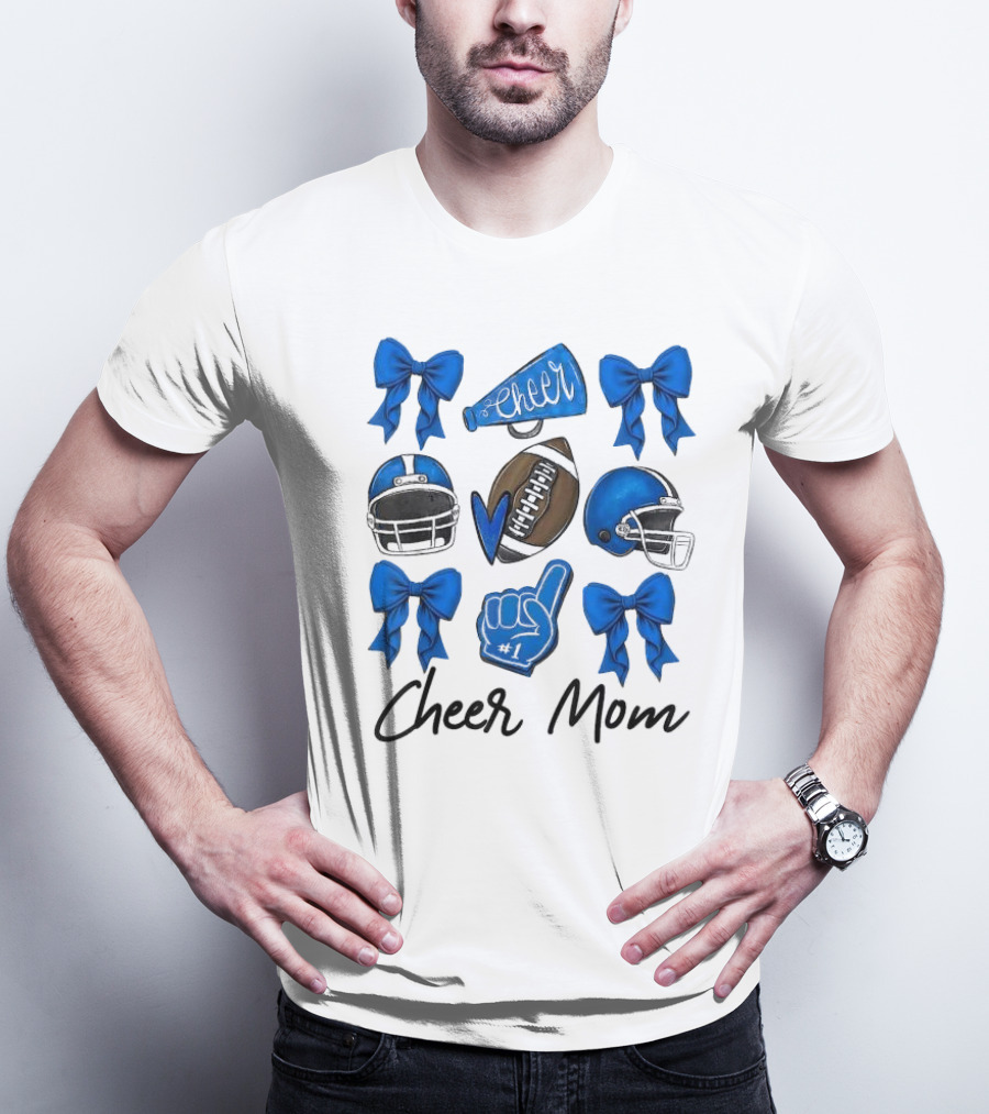 Cheer Mom Era Pom Cheer Leopard Football Coquette Bow Blue T-Shirt